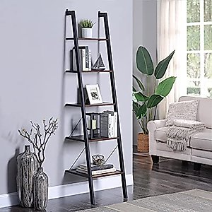RAAMZO 5-Tier Industrial Leaning Ladder Wall Bookshelf Bookcase Display Storage Rack Accent in Walnut Finish and Black Frame - 75-inch Height