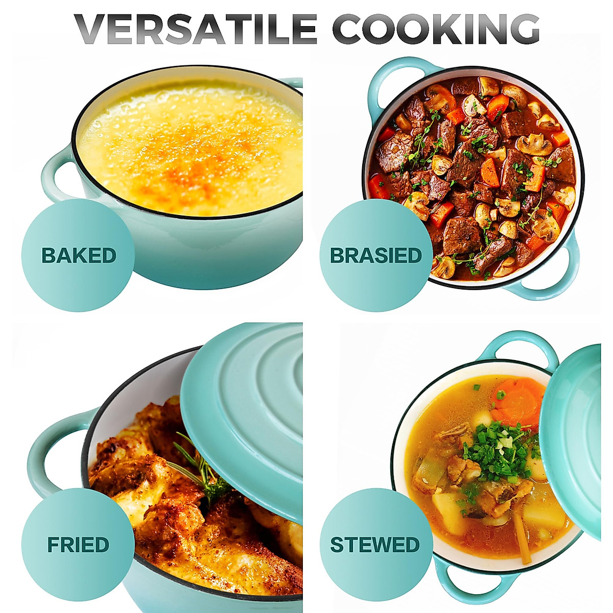 Trustmade 4.5 QT Cast Iron Dutch Oven, Enamel Coated Cookware Pot with Self Basting Lid for Home Baking, Braiser, Cooking, Aqua