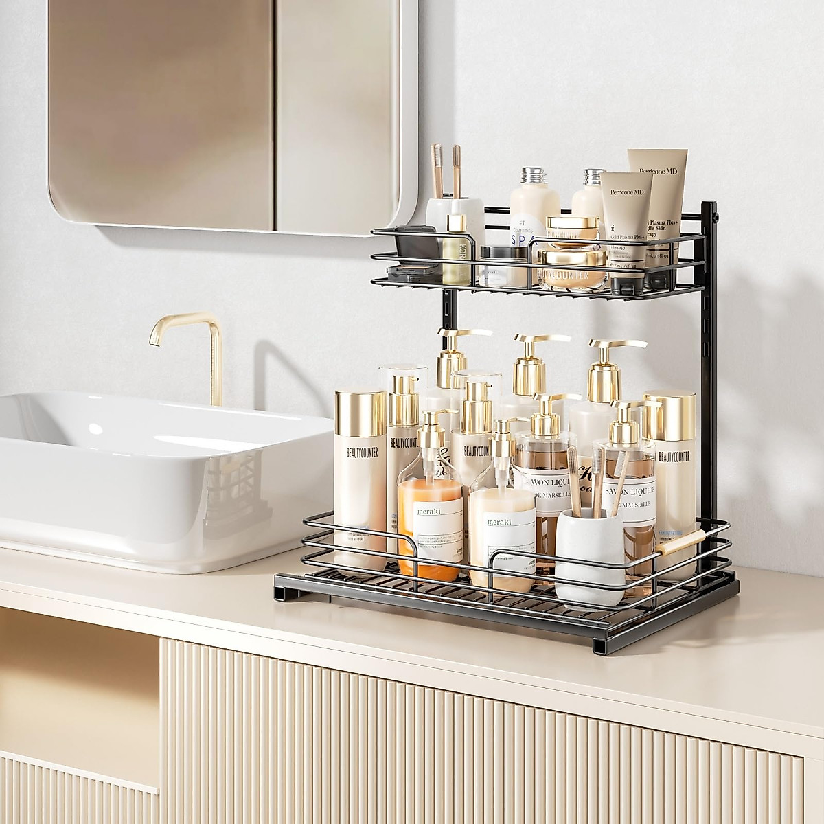 Delamu Under Sink Organizers and Storage, 2 Pack Under Kitchen Sink Organizer, Height Adjustable Bathroom Cabinet Organizer, Pull out Under Cabinet Organizer and Storage, Black