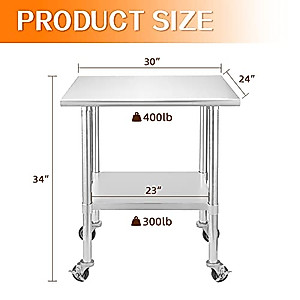 HOCCOT Stainless Steel Prep & Work Table with Adjustable Shelf, with Wheels, Kitchen Island, Commercial Workstations, Utility Table in Kitchen Garage Laundry Room Outdoor BBQ, 24" X 30"