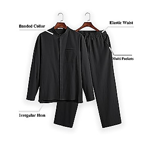 COOFANDY Mens 2 Pieces Cotton Linen Set Long Sleeve Button Up Shirt and Casual Beach Pants Summer Yoga Outfits