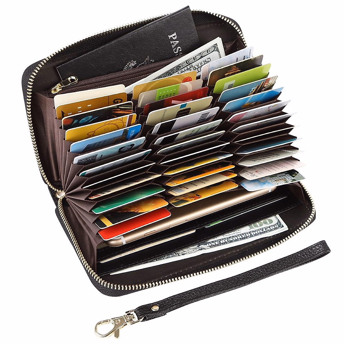 Women's RFID Blocking 36 Slots Card Holder Long Big Leather Zipper Wristlet Clutch Wallet, Black
