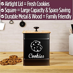 Cookie Jar with Airtight Bamboo Lid - 6"W x 6"D x 8"H Black Iron Cookie Tin - Large Cookie Jars with Lids Airtight - Farmhouse Cookie Jars for Kitchen Counter Decorative - Cute Cookie Jar Airtight Lid