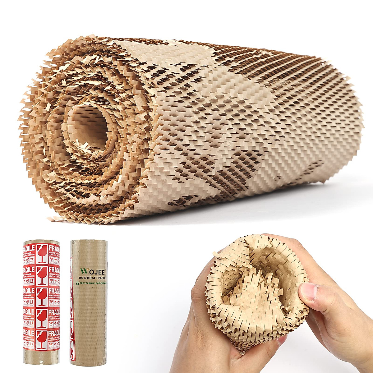 WOJEE Honeycomb Packing Paper Eco-Friendly Bubble Cushioning Wrap Roll with 12 Fragile Sticker Labels, Recyclable Kraft Packing Paper for Moving, Shipping Suppliers (12 Inch x132 Feet, Brown)