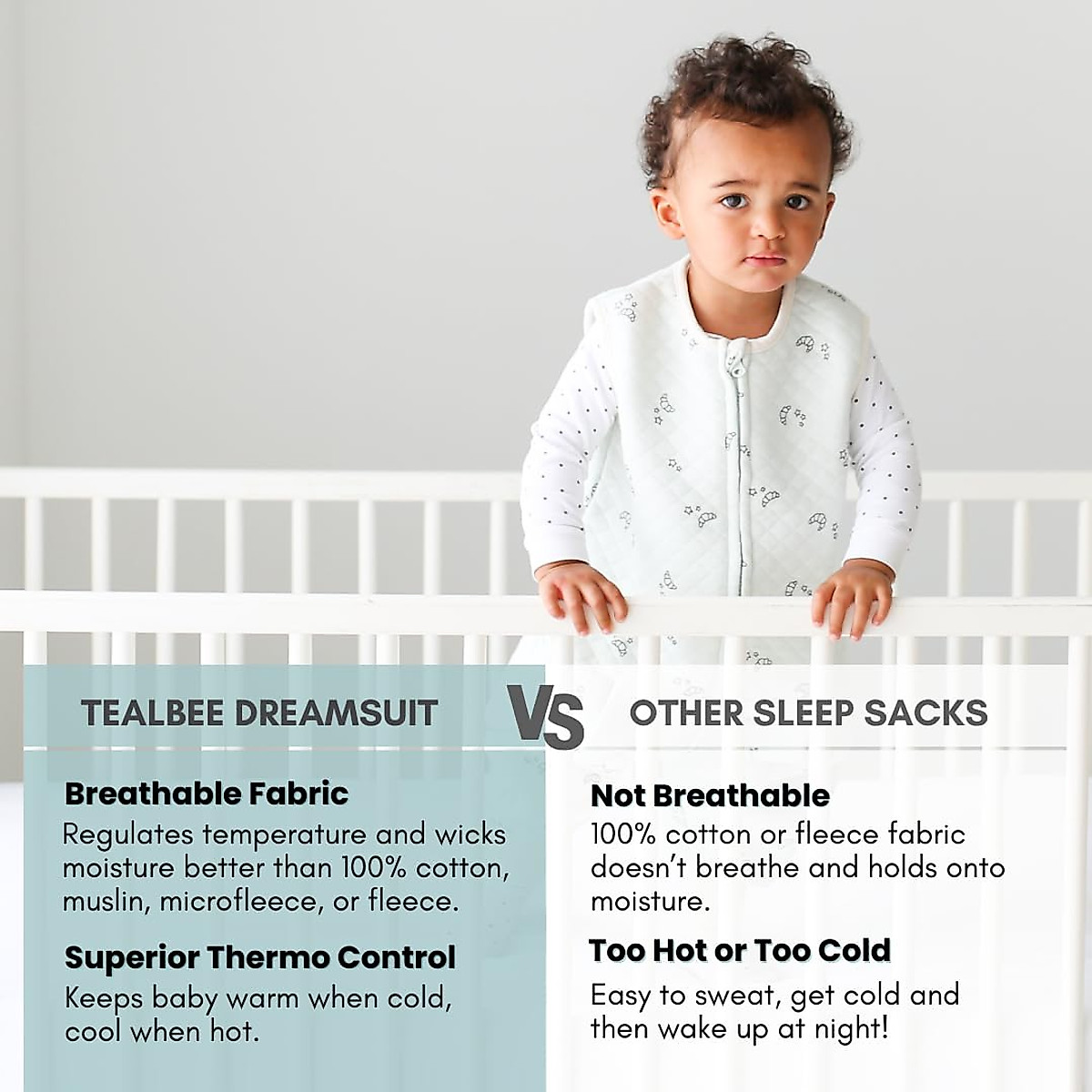Tealbee DREAMSUIT: Toddler Sleep Sack with Feet 12-18 Months, 18-24 Months - 0.8 TOG Lightweight Baby Wearable Blanket for Walkers - Rayon Made from Bamboo, Organic Cotton Sleeping Bag - Croissant