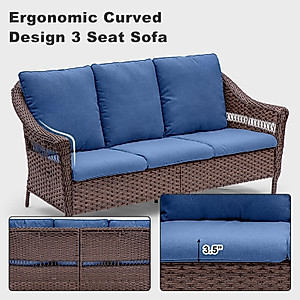 Buenhomino Outdoor Patio Sofa Couch - 3 Seater All Weather Rattan Conversation Sofa Porch Furniture Wicker Sofa with Deep Seat High Backrest for Deck Porch Balcony Garden - Brown/Blue