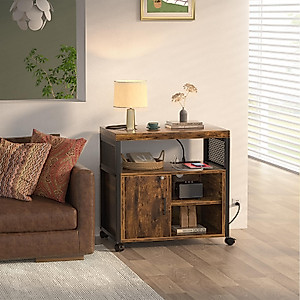 Unikito Lateral File Cabinet, Locking Office Filing Cabinets with Socket and USB Charging Port, Modern Rolling Printer Stand with Storage for A4, Letter Size and File Folders, Rustic Brown