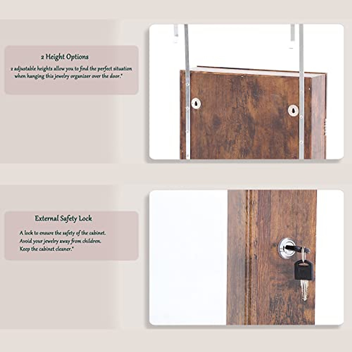 HOUAGI Mirror with Jewelry Storage,Over the Door Jewelry Armoire Organizer, Lockable Hanging/Wall Mount Jewelry Cabinet with Full Length Mirror