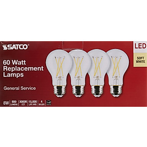 Satco S12463 8 Watt A19 LED Bulb, Clear, 3000K, Medium Base, 120 Volt, 4-Pack