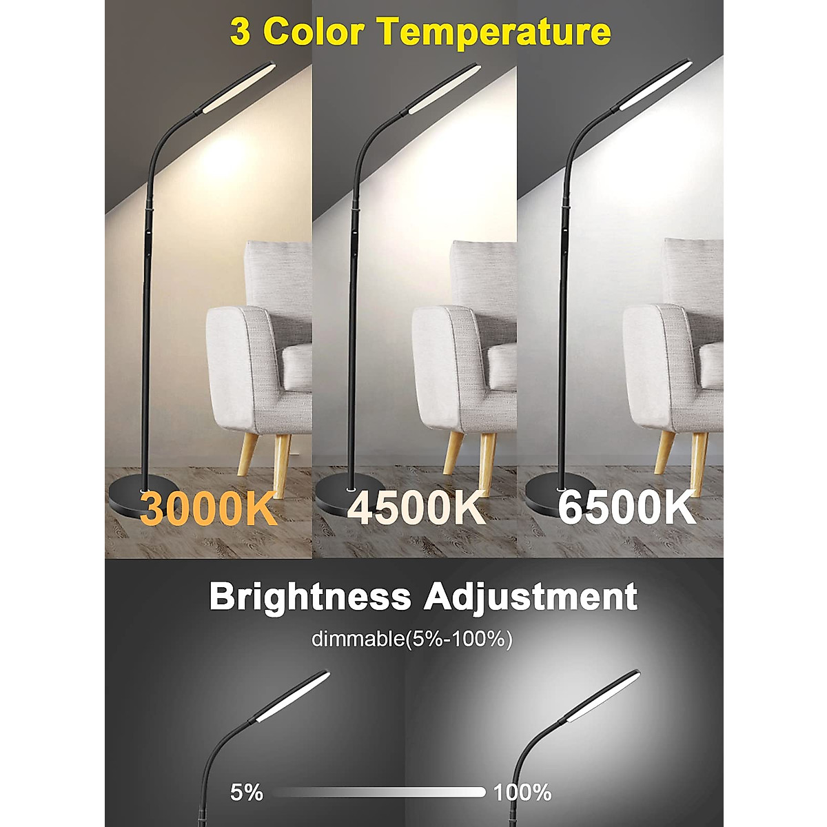 Hyskostar LED Floor Lamp, Bright Floor Lamps for Living Room with 1H Timer, 2700K-6500K Brightness Adjustable Gooseneck Standing Lamp with Remote & Touch Control Reading Floor Lamps for Bedroom