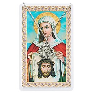 Saint St Veronica 3/4-inch Pewter Medal Pendant Necklace with Holy Prayer Card