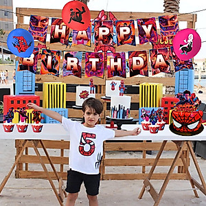 Miles Morales Party Supplies Spider Birthday Decorations for Boys Include Happy Birthday Bannner, 18 Latex Balloons, 1 Cake Topper and 12 Cupcake Toppers for Across Spider Party Decorations
