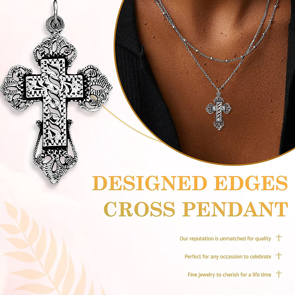 RoseCharm Cross Necklace, Stainless Sterling Silver, Stunning & Charmful Pendants, Faith & Elegance, Religious Gifts for Men & Women, Textured Surface, 39.1mm Length and 23.5mm Thickness