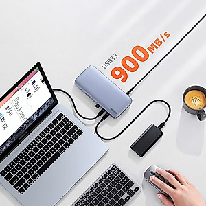 Port Expander USB C Hub 10-in-1 with DP 1.4, DC Power Port, 2 USB 3.1, USB C 3.1, USB 3.0, Ethernet, 3.5mm Audio Port, SD/TF USB Splitter