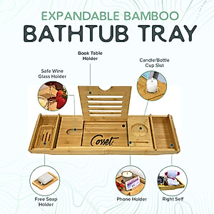 Cosset Bathtub Tray - Expandable Bamboo Bathroom Tray for Women and Men - Soap Dish, Book, Phone & Tablet Holder, Wine Glass Slot - Relaxing Bath Caddy for Spa and Shower