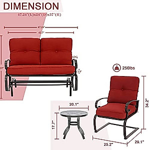 Incbruce 4Pcs Outdoor Metal Furniture Patio Conversation Sets (Glider, Bistro Table, 2 Spring Lounge Chairs) - Wrought Iron Outdoor Glider Chairs Sets (red)