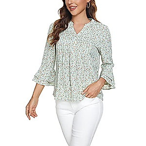 olrain Womens Summer Floral Printed V-Neck Swing Tunic 3/4 Bat Wing Short Sleeve Chiffon Tops Blouse Shirts (Light Green, X-Large)
