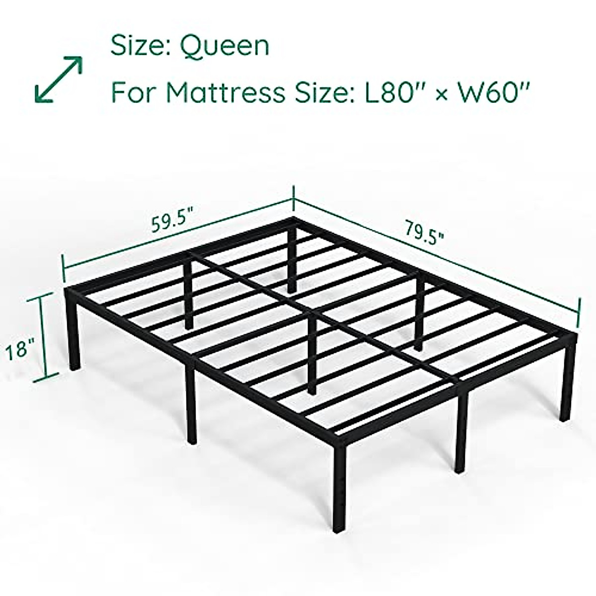DiaOutro 18 Inch Queen Bed Frame Heavy Duty Metal Platform No Box Spring Needed, Maximum Storage, Easy Assembly, Noise Free, Black