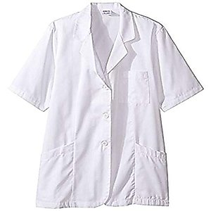 Worklon 105M Polyester/Cotton Ladies Short Sleeve Pharmacy Lab Coat with Button Front Closure, Medium, White