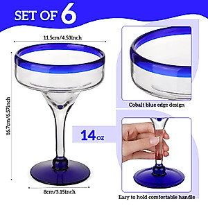 Margarita Glasses Set of 6 Hand Blown Glasses with Cobalt Blue Rim 14 oz Margarita Glasses for Cocktail Champagne Martini Glasses, Dishwasher Safe