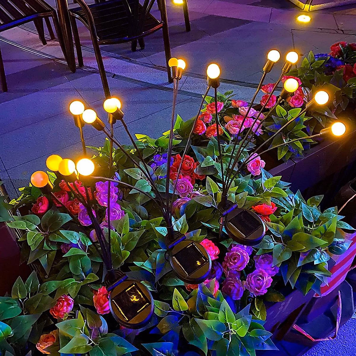 colcutee 4 Pack Solar Garden Lights, Solar Outdoor Swaying Lights Ip65 Watertight, 2 Lighting Modes Firefly Decorative Lights, for Landscaped Garden Access Patios (Warm White)