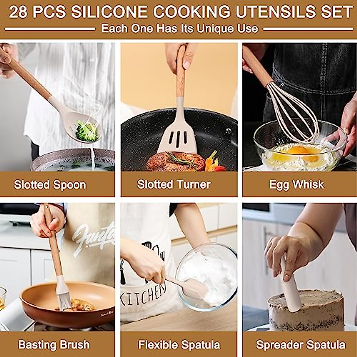28 Pcs Silicone Cooking Utensils Kitchen Utensil Set - 446°F Heat Resistant, Turner Tongs, Spatula, Spoon, Brush, Whisk, Wooden Handle, Kitchen Gadgets with Holder for Nonstick Cookware (Khaki)