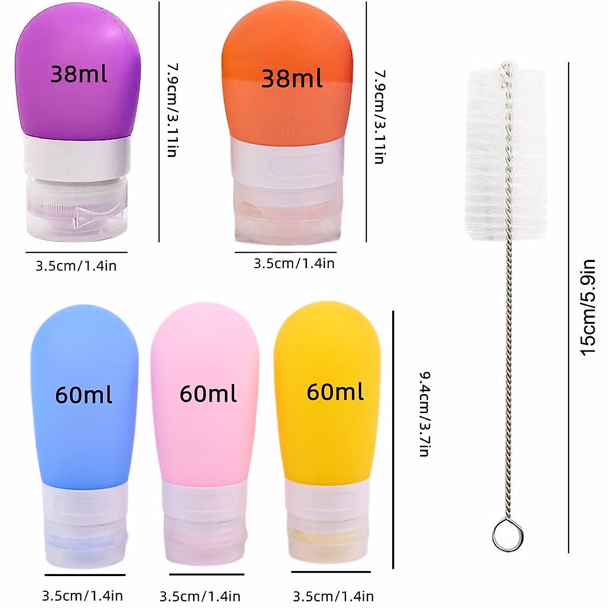 Accfore 5 Pack Squeeze Salad Dressing Bottles, 1.3oz and 2 oz. Portable Sauce Containers, Leak Proof Food Storage Condiment Bottles, Comes with 2 pcs Cleaning Brushes - 5 Colors