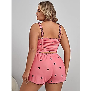 WDIRARA Women's Plus Size Sleepwear Heart Print Ruched Lettuce Trim Cami Top and Shorts Pajama Set Watermelon Pink 3XL