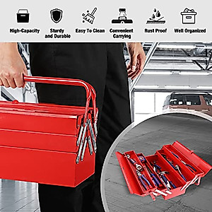 WORKPRO Metal Tool Box, 18-inch Cantilever Folding Red Storage Box, 3-Layer 5-Tray Multi-Function Tool Organizer, Red