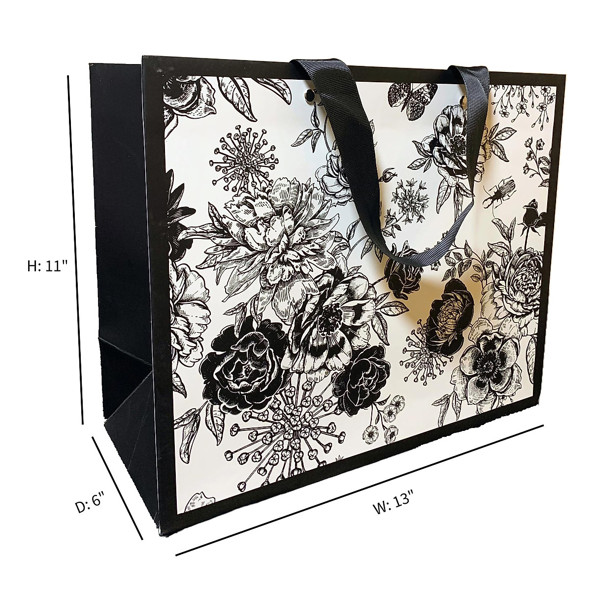 13" Black and White Vintage Floral Gift Bag, Medium Large