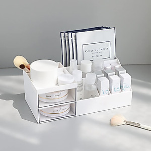 ICCGBHGO Cosmetic Organizer, Makeup Skincare Small Vanity Desk Accessories Dresser Countertop Beauty Organizer Holder Storage Case Display Box with Drawer for Bathroom Office Supplies White.