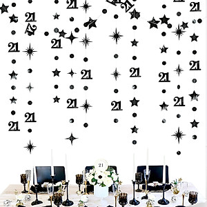 Black Number 21 Circle Dot Twinkle Star Garland Metallic Hanging Streamer Bunting Banner Backdrop Decoration for Girls Boys 21st Birthday Finally Legal Twenty One Anniversary Wedding Party Supplies