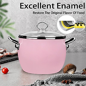 JUSTUP Enamel Stock Pot with Lid, 6-Quart Soup Pot with Circular Handle，Large Cooking Pot Boiling Pot for Gumbo, Stew, Boil, Pasta，Sauce (Pink), 13*9*6.7 Inch