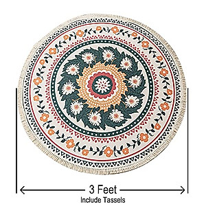 Miiciuib Boho Round Rugs, 3'x3' Round Bohemian Mandala Tassels Decor Carpet Woven Circle Mat for Kitchen Living Room Bedroom Bathroom