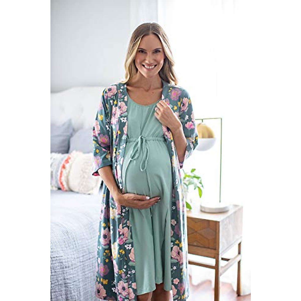 3 in 1 Maternity Labor Delivery Nursing Hospital Birthing Gown & Matching Robe (L/XL pre pregnancy 12-20, Charlotte/Sage)