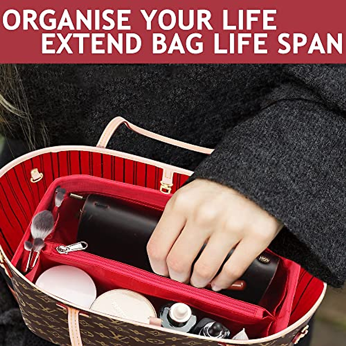 MTRSUE Original Velvet Purse Organizer Shaper Insert for Handbag, Women Tote Bag Organizer With Metal Zipper for Neverfull Speedy and More (Red, Medium)