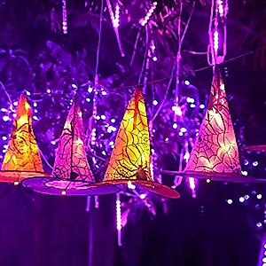 Dazzle Bright 8 Pcs Hanging Witch Hat String Lights + 50 LED 16FT Waterproof Battery Operated Purple Mini String Lights
