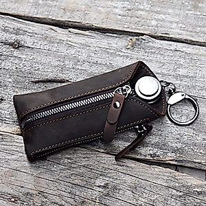 JJNUSA Genuine Leather Key Chain Zipper Coin Case, Leather Car Smart Key Chain Metal Hook and Keyring Zipper Coin Wallet (Darkbrown)