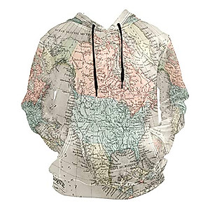 WELLDAY World Map America Men's Pullover Sweatshirt Long Sleeve Hoodie Jacket with Pockets