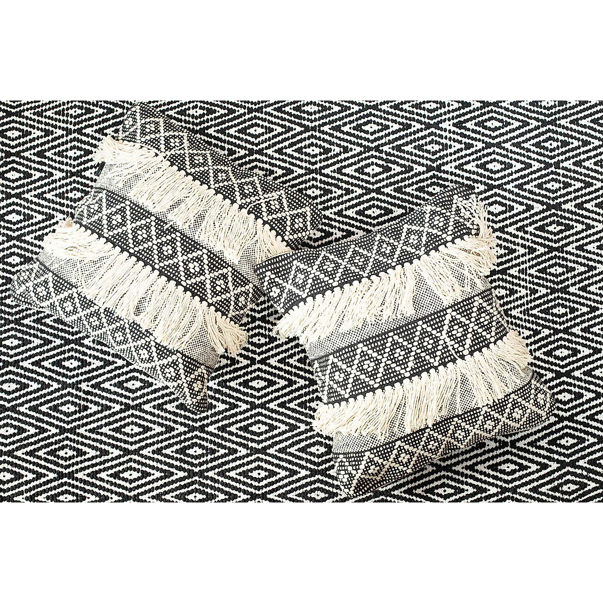 Chardin home Black & Ivory Boho Pillow Covers, Set of 2 Decorative Throw Pillow Covers 20x20 with Fringe Tassels | Farmhouse Pillow Cover with Woven Diamond Design
