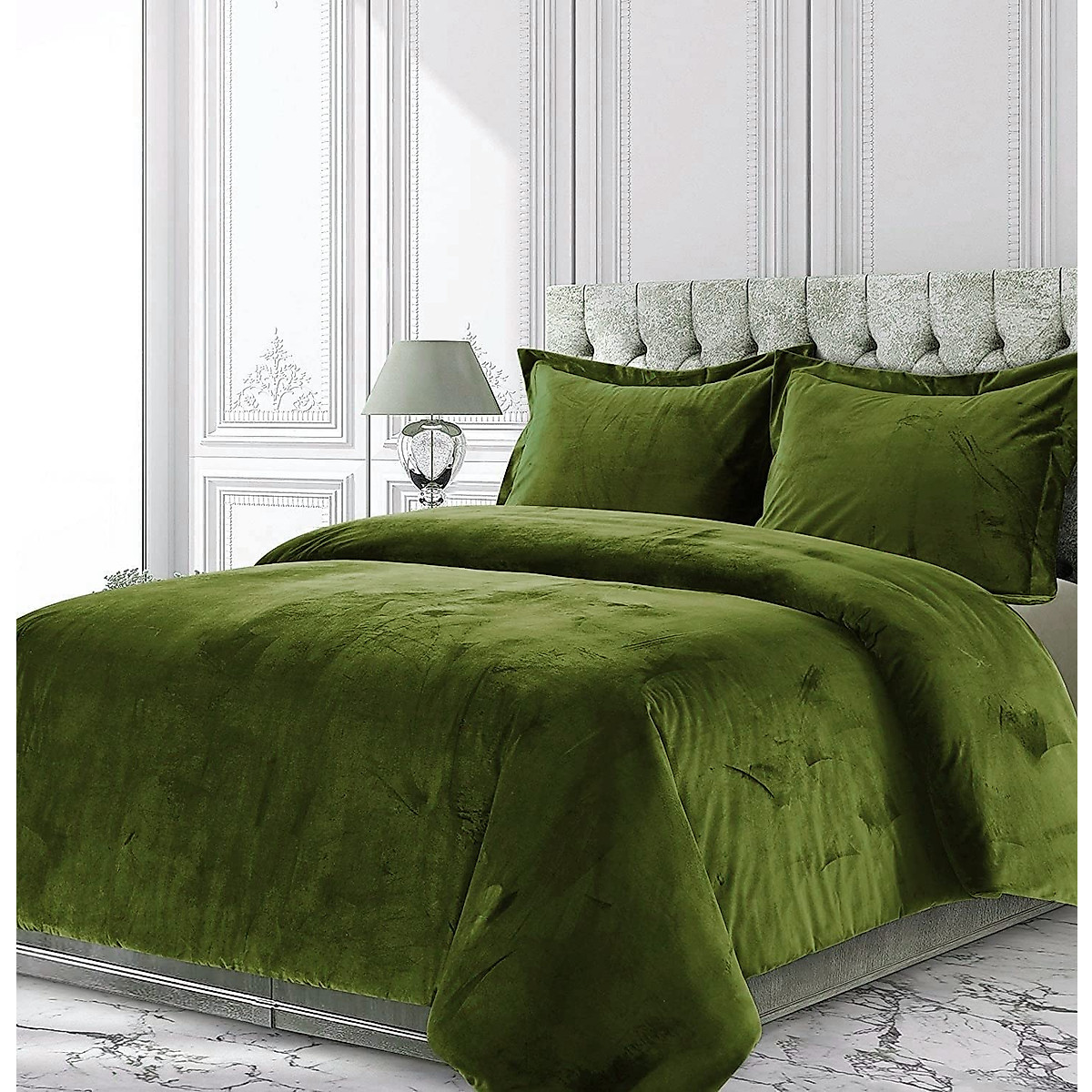 QualityBeddingHub Venice Velvet Duvet Cover Set Oversized King 3 Piece (Duvet Cover + 2 Pillowcases) Olive Zipper Closure Duvet Cover Premium Venice Velvet Lush Duvet Cover Sherpa