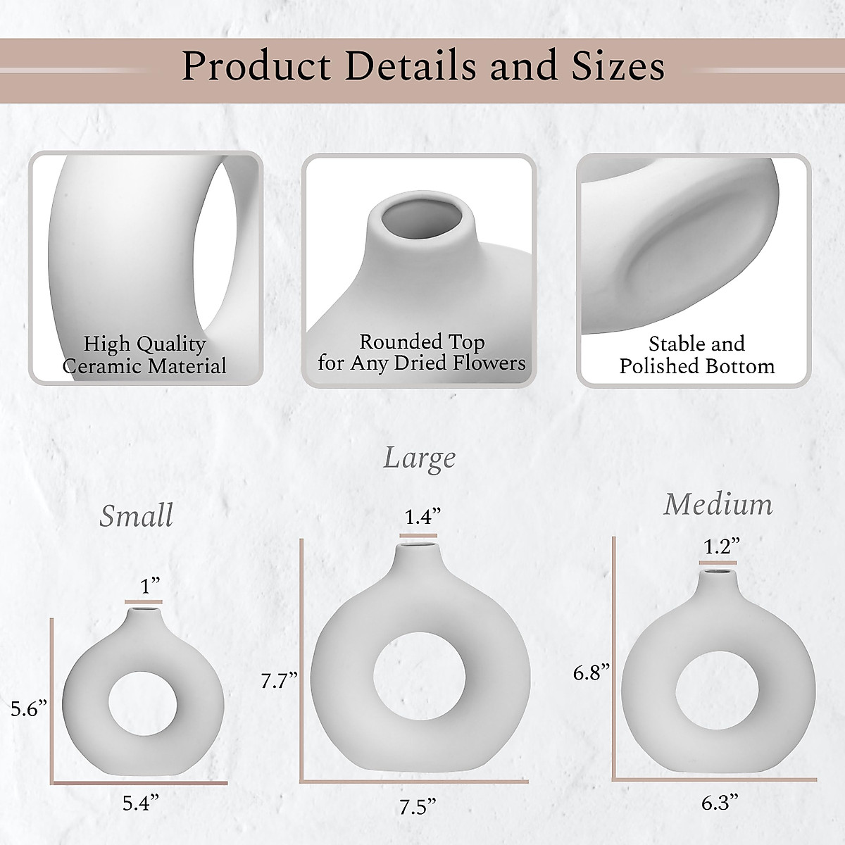 VELOVA Set of 3 White Ceramic Vase with 65 PCS Dried Pampas Grass Flowers Aesthetic Boho Modern Small Round Cute Vases for Decor Living Room Coffee Table Shelf Bedroom Office Desk Home Gifts Women Mom