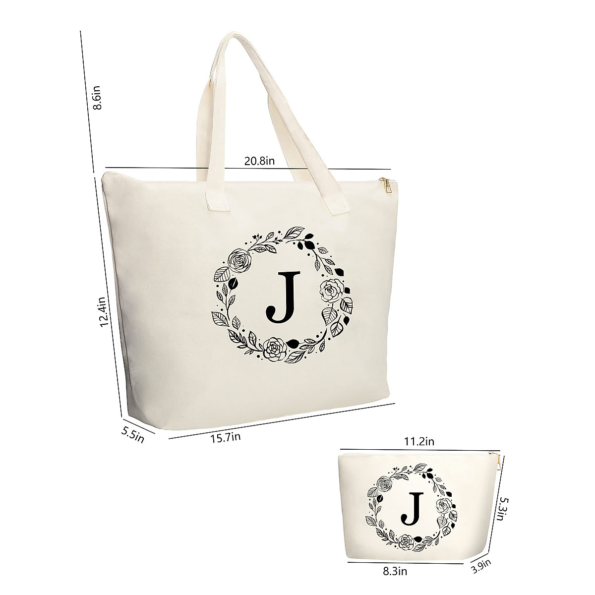 Binggemen Personalized Initial Canvas Tote Bag with Zipper, Present Bag with Inner Pocket & Make Up Bag, Great Gifts for Women, Mom, Teachers, Friends, Bridesmaids
