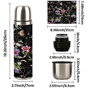 Coffee Thermos,Water Bottle Thermos Bottle with Leakproof Lid Thermos for Hot Drinks, BPA Free,Travel Vacuum Insulated Stainless Steel Bottle (Flowers, With Cup)