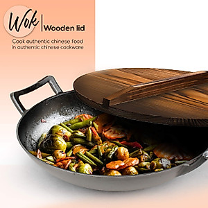 Nutrichef Pre-Seasoned Cast Pan-5.8 QT Heavy Duty Non-Stick Iron Chinese Wok or Stir Fry Skillet w/Wooden Lid, for Electric Stove Top, Induction, Large, Black