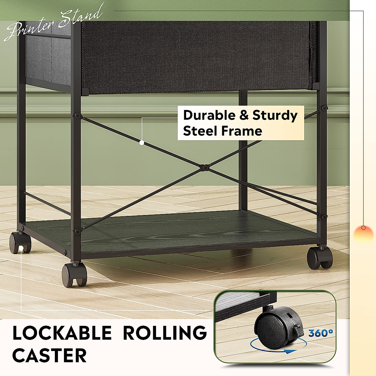 DEVAISE Mobile Printer Stand with Storage Drawer, Vintage Fabric File Cabinet Printer Cart for Home Office, Black