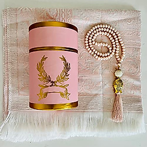 Muslim Prayer Rug, Luxury Prayer Beads with Elegant Design Cylinder Gift Box I Perfect Islamic Gift I Muslim for Men,Women,Kids I Soft Islamic Prayer Mat | Luxury Islamic Gifts (Light Pink, 1 Sets)