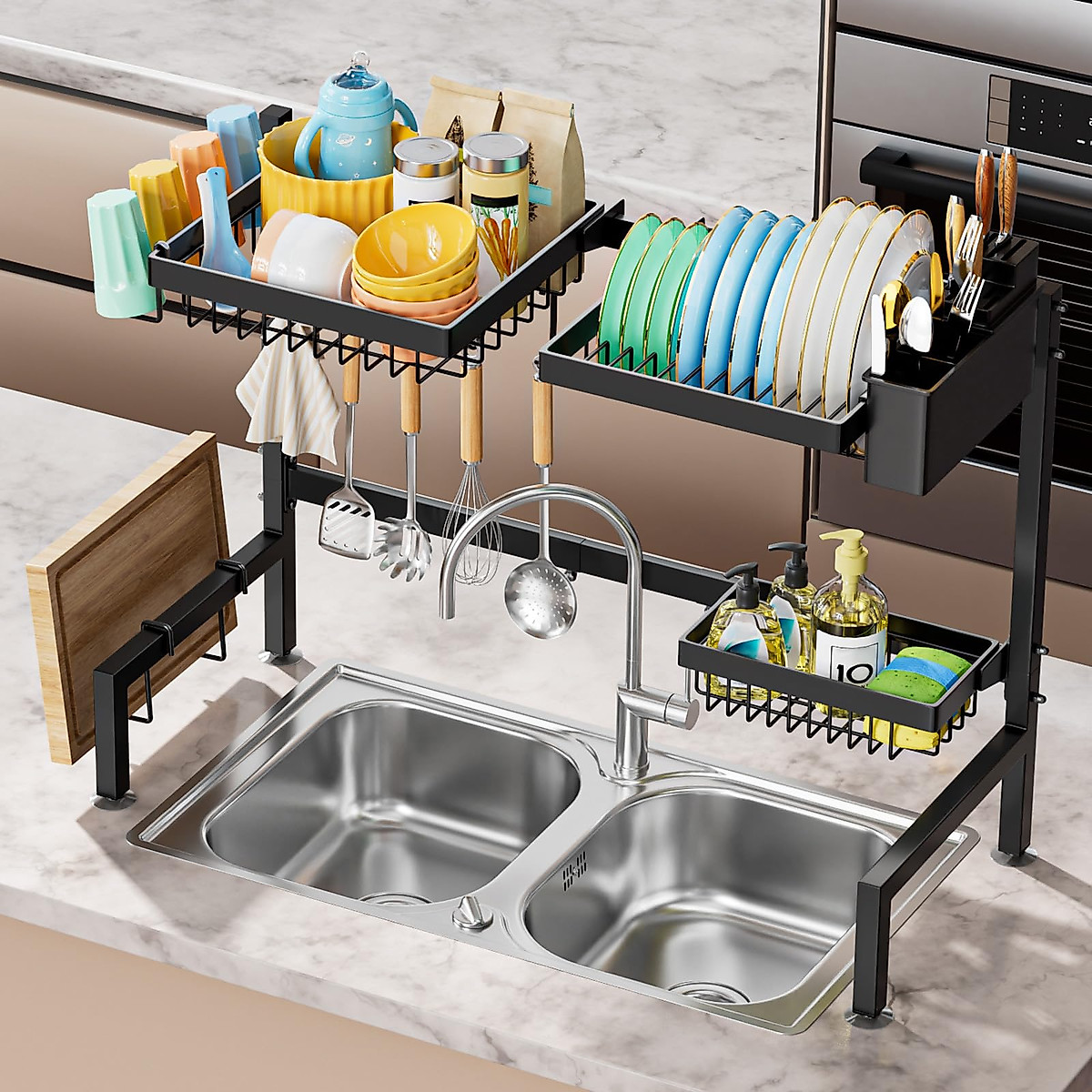 YKLSLH 2 Tiers of Retractable Large Over The Sink Dish Drying Rack with 3 Baskets, for All Sinks (22.8"-39.4"),Adjustable Large Capacity Sink Rack, Iron Drain Rack to Save Space（2 Tiers-3 Baskets）