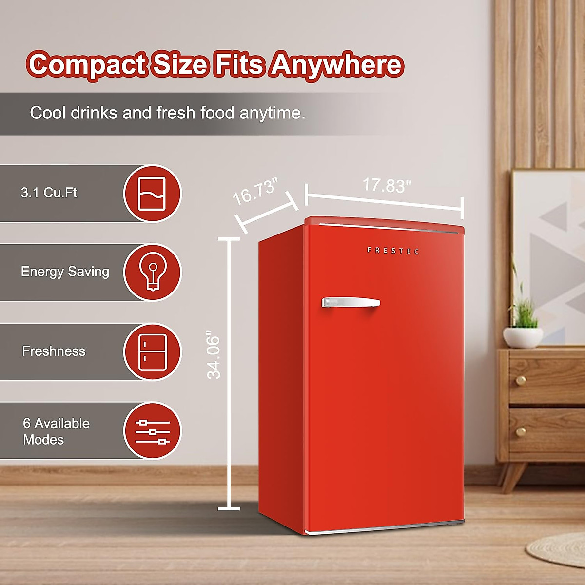 Frestec 3.1 CU' Retro Mini Refrigerator, Compact Refrigerator, Small Refrigerator with Freezer, Red (FR 310 RRED)