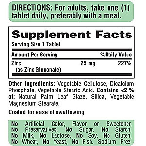 Puritan's Pride Zinc 25 Mg to Support Immune System Health Tablets, White, 100 Count